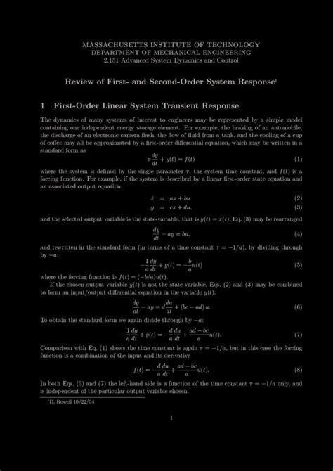 Pdf Review Of First And Second Order System Response 1 First 1 1 The Homogeneous Response