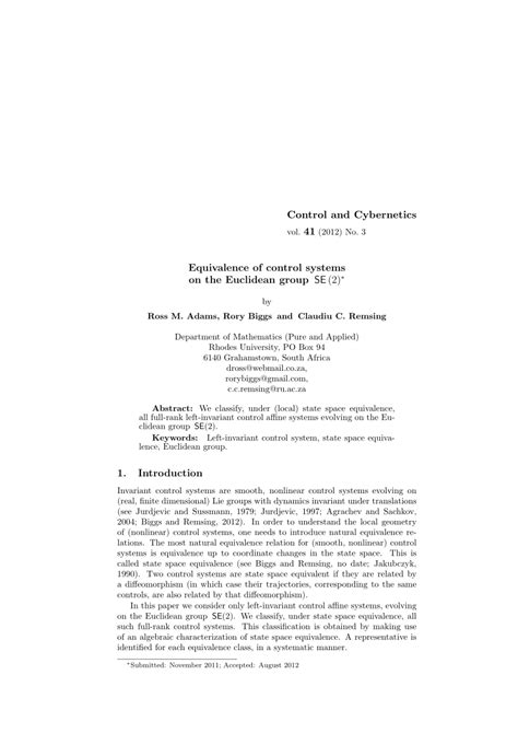 Pdf Equivalence Of Control Systems On The Euclidean Group Se 2