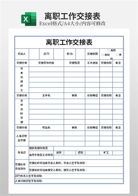 离职工作交接表 人事行政Excel模板下载 蓝山办公