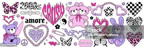 트렌디한 이모 고스 2000년대 스타일의 Y2k 글래머 핑크 스티커 나비 카와이 곰 불꽃 심장 등 밀레니엄에 대한 스톡 벡터 아트 및 기타 이미지 Istock