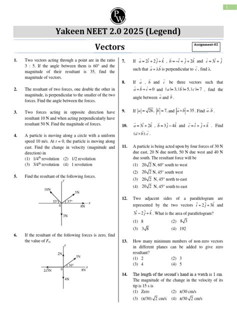 vectors assignment 02 only pdf yakeen neet 2 0 2025 pdf force