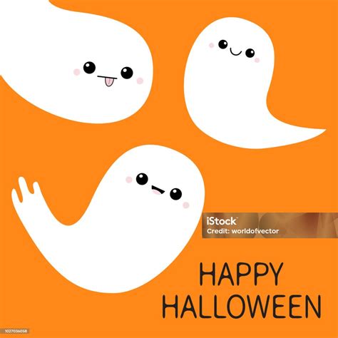 즐거운 할로윈 보내세요 3 유령 정신 집합 비행 무서운 백색 유령 가족입니다 귀여운 만화 유령 문자 미소 얼굴 뺨 오렌지 배경