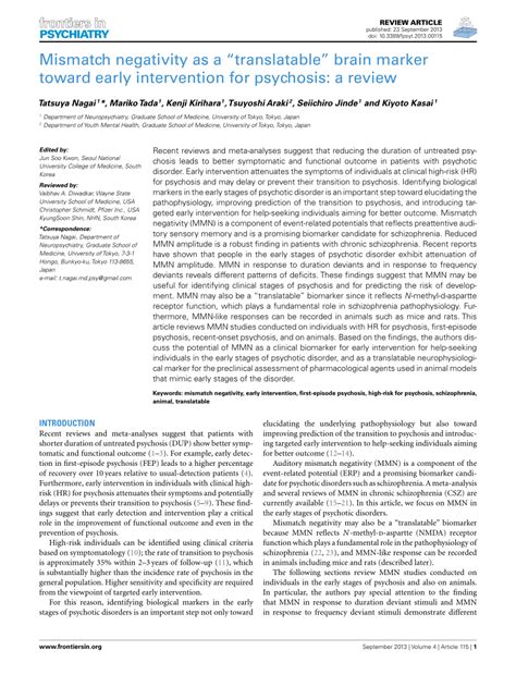 Pdf Mismatch Negativity As A Translatable” Brain Marker Toward Early Intervention For