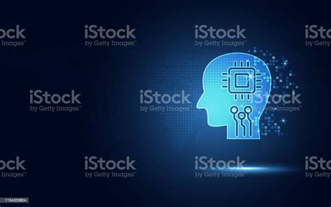 Futuristic Blue Human Digital Circuit And Microchip In Brain As Artificial Intelligence Or Ai