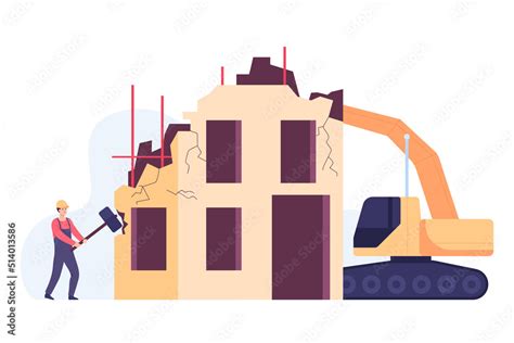 Cartoon Builder And Excavator Destroying Old House Construction Site