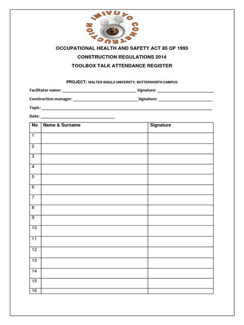 Toolbox Talk Attendance Register Pdf