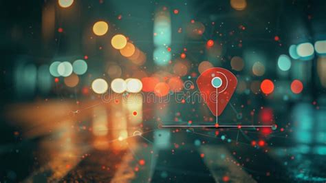 Digital Network With Red Location Pin In Glowing City Stock Illustration Illustration Of City