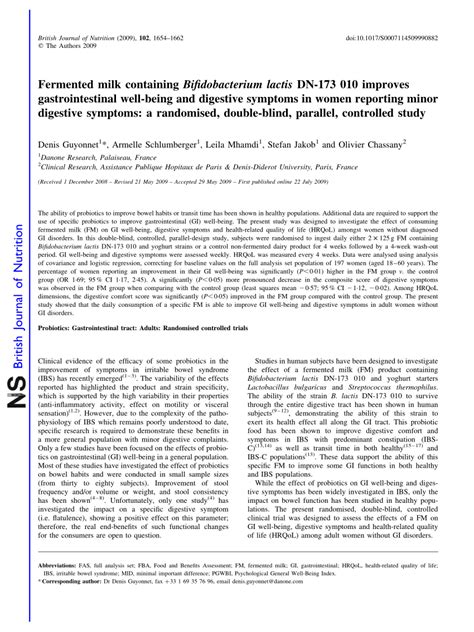 Pdf Fermented Milk Containing Bifidobacterium Lactis Dn 173 010 Improves Gastrointestinal Well