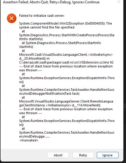 cadl language server fails in vs 2022 systemponentmodel win32exception the system cannot