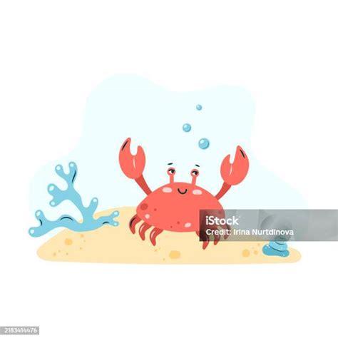 귀여운 게가 수중 바다를 헤엄칩니다 흰색 배경에 게가 있는 포스터입니다 어린이 스타일의 캐릭터 벡터 일러스트 레이 션 갈고리