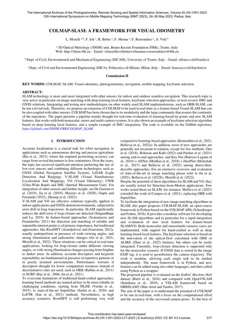 PDF COLMAP SLAM A FRAMEWORK FOR VISUAL ODOMETRY