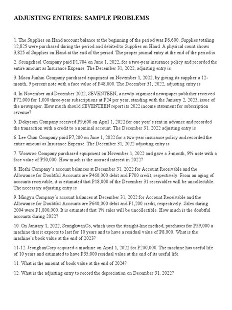 Adjusting Entries Sample Problems Pdf Bad Debt Debits And Credits