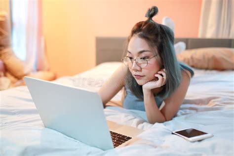 Beautiful And Woman Using Laptop Computer Before Go To Sleep Stock Image Image Of Girl Happy