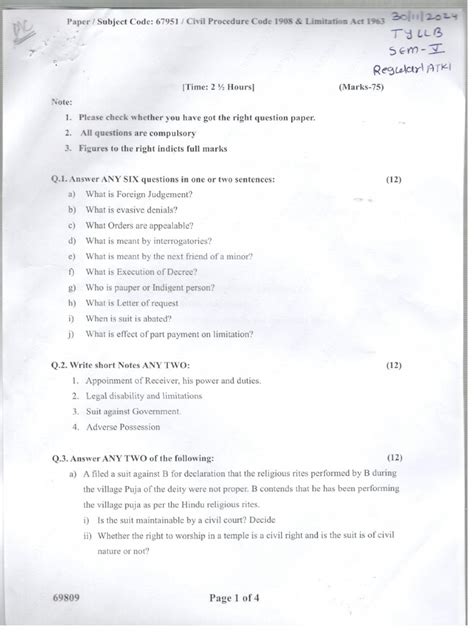 Civil Procedure Code 1908 And Limitation Act 1963 Tyllb Sem V Regular Atkt Marks 75 Pdf