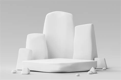 흰색 돌 연단 제품 무대 플랫폼 3d 배경에는 빈 바위 디스플레이 광고 스탠드 화장품 템플릿 또는 대리석 받침대 빈 프레젠테이션 개념과 콘크리트 스튜디오 선반 배경이