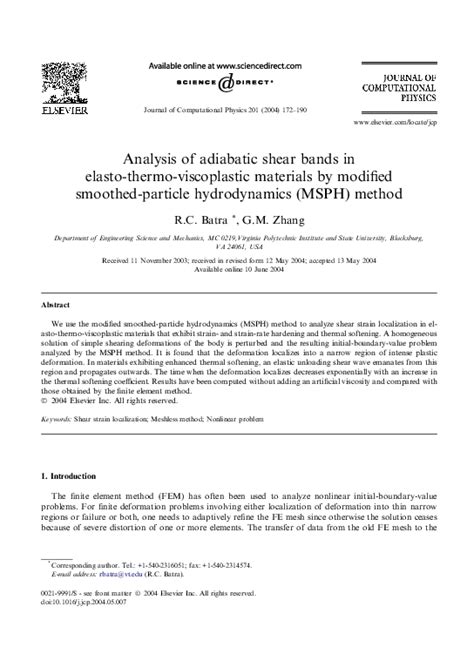 Pdf Analysis Of Adiabatic Shear Bands In Elasto Thermo Viscoplastic Materials By Modified