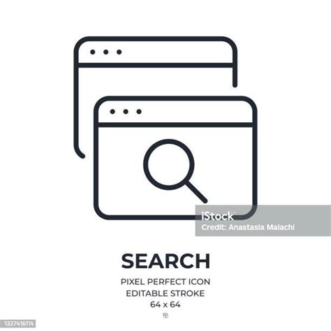 흰색 배경 평면 벡터 그림에서 격리된 웹 검색 개념 편집 가능한 스트로크 윤곽선 아이콘입니다 픽셀 완벽 64 X 64 모자이크 처리에 대한 스톡 벡터 아트 및 기타 이미지