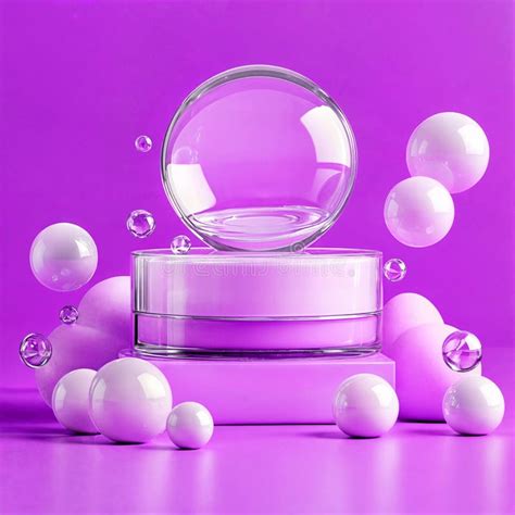 Display 3d With Spheres And Floating Bubbles Glass Packaging For Soft Purple Face Cream Stock