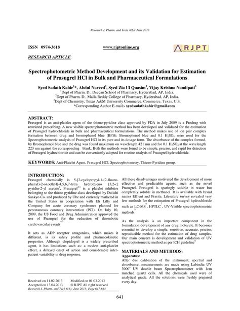 Pdf Spectrophotometric Method Development And Its Validation For Estimation Of Prasugrel Hcl