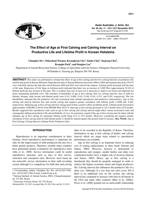 Pdf The Effect Of Age At First Calving And Calving Interval On Productive Life And Lifetime