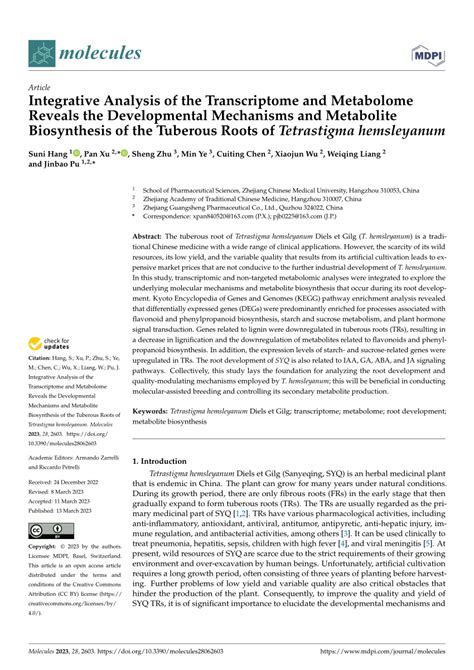 Pdf Integrative Analysis Of The Transcriptome And Metabolome Reveals The Developmental