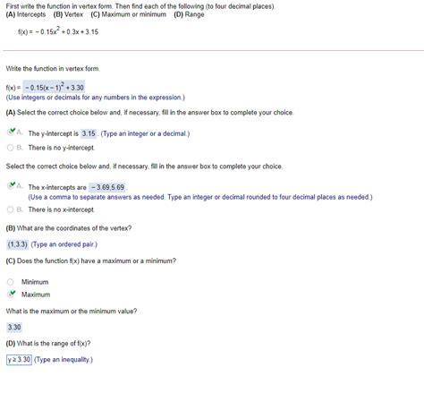 Solved First Write The Function In Vertex Form Then Find Chegg