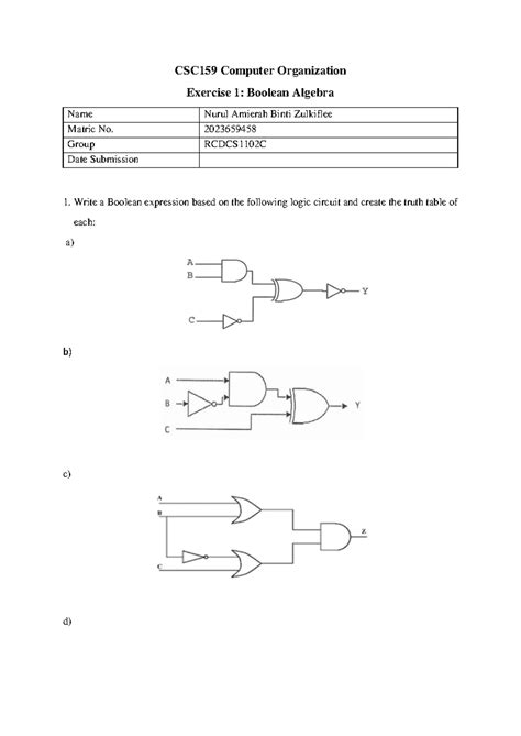 Exercise 1 Boolean Algebra Fundamental Of Algorithm And Computer