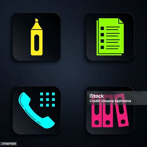 Office 폴더를 서류 및 문서 마커 펜 전화 핸드셋 및 파일 문서로 설정합니다 검은색 사각형 버튼입니다 벡터 거리표식에 대한 스톡 벡터 아트 및 기타 이미지 Istock