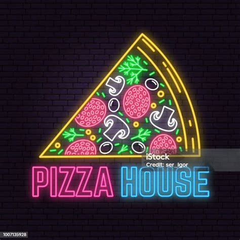 레트로 네온 벽돌 벽 바탕에 피자 집 간판 로그인 또는 레이블을 디자인 피자에 대한 스톡 벡터 아트 및 기타 이미지 피자 화살표 간판 Istock