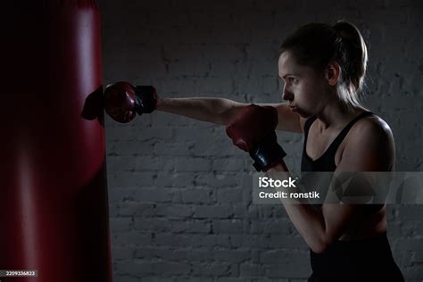 체육관에서 장갑과 샌드백을 끼고 권투를 하는 단호한 여성 힘 지구력 및 조정 훈련 35 39세에 대한 스톡 사진 및 기타 이미지 35 39세 가방 건강한 생활방식