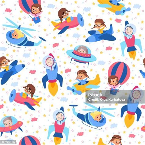 비행기와 로켓에서 아이들과 원활한 패턴 우주와 하늘 모험 유치한 보육원 장식 배경 장식 직물 포장지 벽지 디자인 벡터 개념 개념에 대한 스톡 벡터 아트 및 기타 이미지