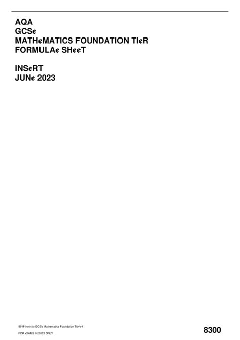 Aqa Gcse Mathematics Foundation Tier Formula E Sheet Insert June 2023 Aqa Stuvia Uk