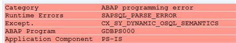 2385913 dump cx sy dynamic osql semantics sapsql parse error in program gdps000 sap
