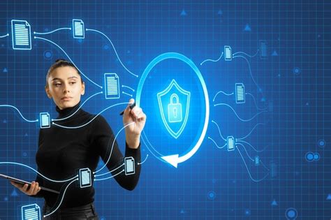 Premium Photo Attractive Young European Woman Using Glowing Padlock