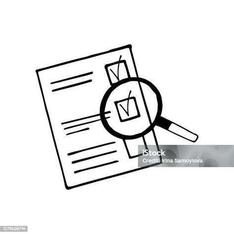 체크 마크와 돋보기 스케치 손으로 그린 아이콘 개념 품질 관리 목표 달성 스티커 포스터 벡터 낙서 스칸디나비아 흑백 미니멀리즘