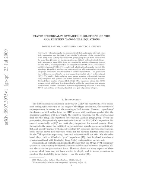 Pdf Static Spherically Symmetric Solutions Of The So5 Einstein Yang Mills Equations