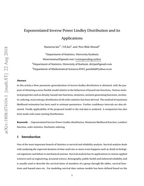 Pdf Exponentiated Inverse Power Lindley Distribution And Its Applications