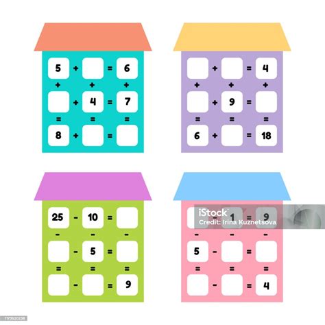 벡터 그림입니다 유치원 및 학교 나이 어린이를위한 수학 게임 올바른 숫자를 세고 삽입합니다 또한 뺄셈 창문이 있는 집 세트
