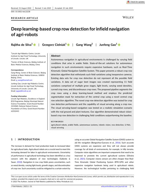 Deep Learning‐based Crop Row Detection For Infield Navigation Of Agri‐robots Pdf Image