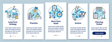 개념과 모바일 앱 페이지 화면에 온보딩 목표를 구축합니다 비즈니스 계획 자체 개발 연습 5 단계 그래픽 지침입니다 Rgb 색상 일러스트레이션이 있는 Ui 벡터 템플릿 개념에