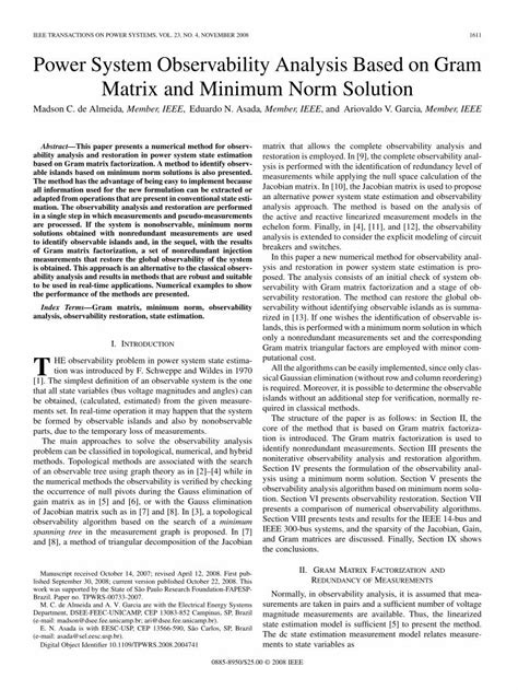 pdf power system observability analysis based on gram matrix and