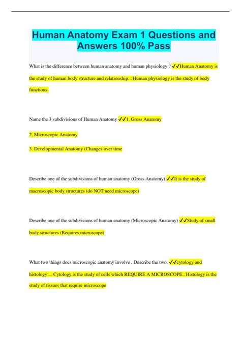 Human Anatomy Exam 1 Questions And Answers 100 Pass Human Anatomy