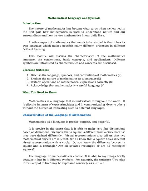 2 Mathematical Language And Symbols Mathematical Language And Symbols Introduction The