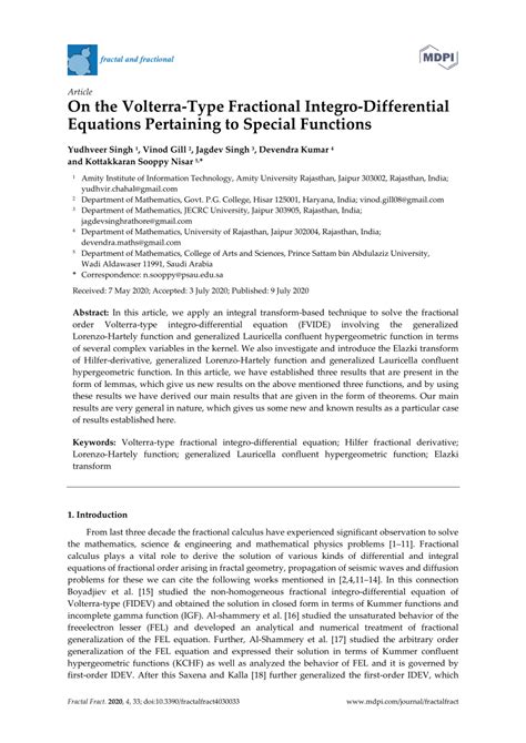 Pdf On The Volterra Type Fractional Integro Differential Equations Pertaining To Special Functions
