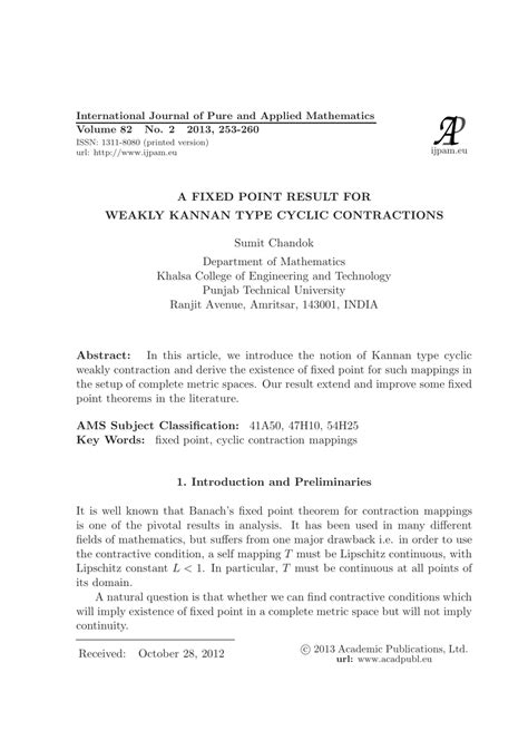 Pdf A Fixed Point Result For Weakly Kannan Type Cyclic Contractions