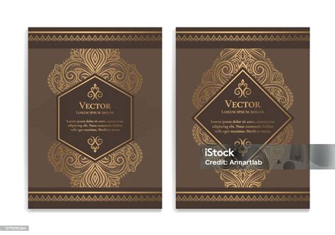 브라운과 골드 럭셔리 초대 카드 디자인 빈티지 장식 템플릿 배경 과 벽지에 사용할 수 있습니다 장식에 좋은 우아하고 고전적인 벡터 요소 0명에 대한 스톡 벡터 아트 및 기타