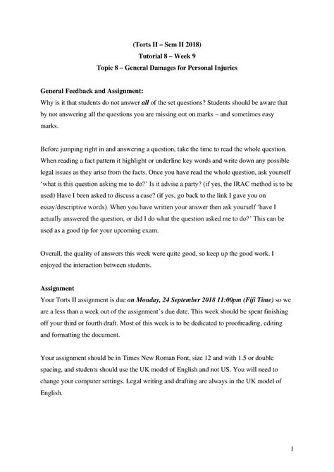 Torts Ii Tute 8 Week 9 General Daqmages For Pi Torts Ii Sem Ii 2018 Tutorial 8 Week