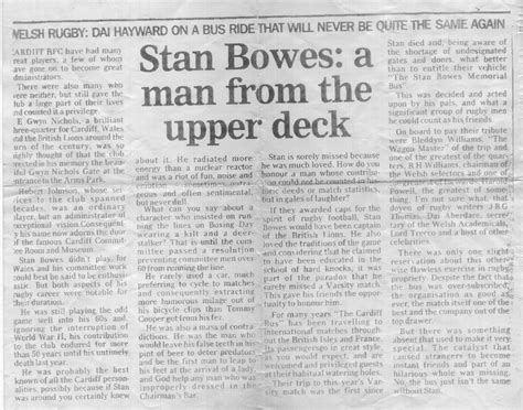 Article Tribute To Stan Bowes Cardiff Rugby Museum