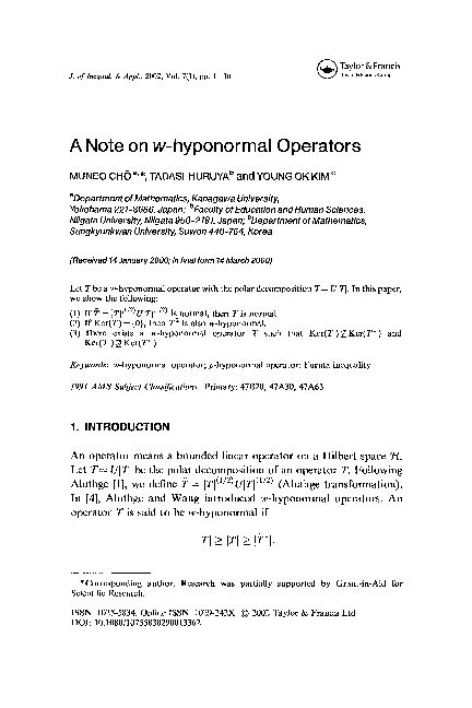 Pdf A Note On W Hyponormal Operators