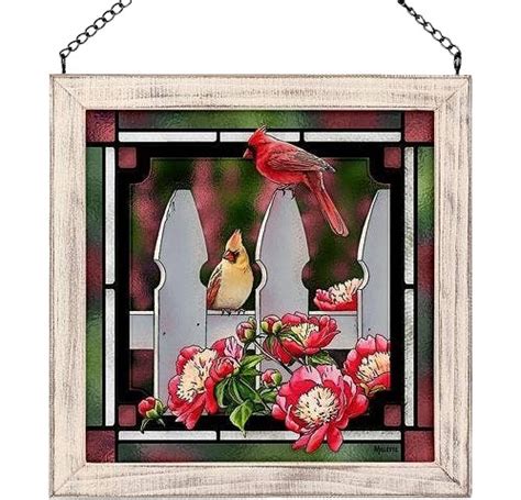 Fence Cardinals Art Glass Window Panel